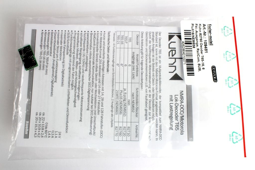 Kühn 82760 Decoder T65-16, 6 Fkt.-Ausgänge, RailCom, SUSI, PluX16/NEM ...