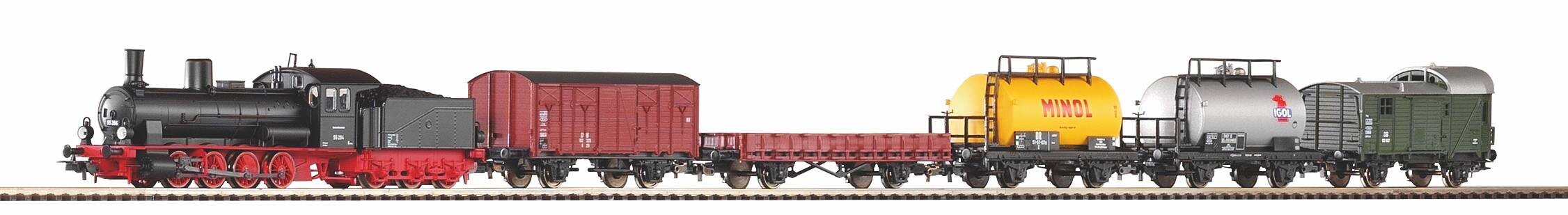PIKO 57123 BR 55, Start-Set Güterzug, DR mit Bettung, 154,80